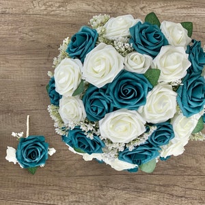 Dark Teal and Ivory Rose Bridal Bouquet, Peacock, Wedding Bouquet ...