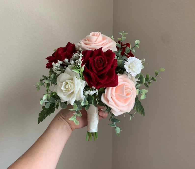 Deep Red Blush Pink & White Artificial Bridal Bouquet Real | Etsy