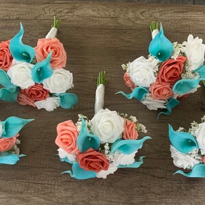 Aqua Turquoise Coral Light Teal Peach Pink Beach Wedding Bouquet Bridal ...