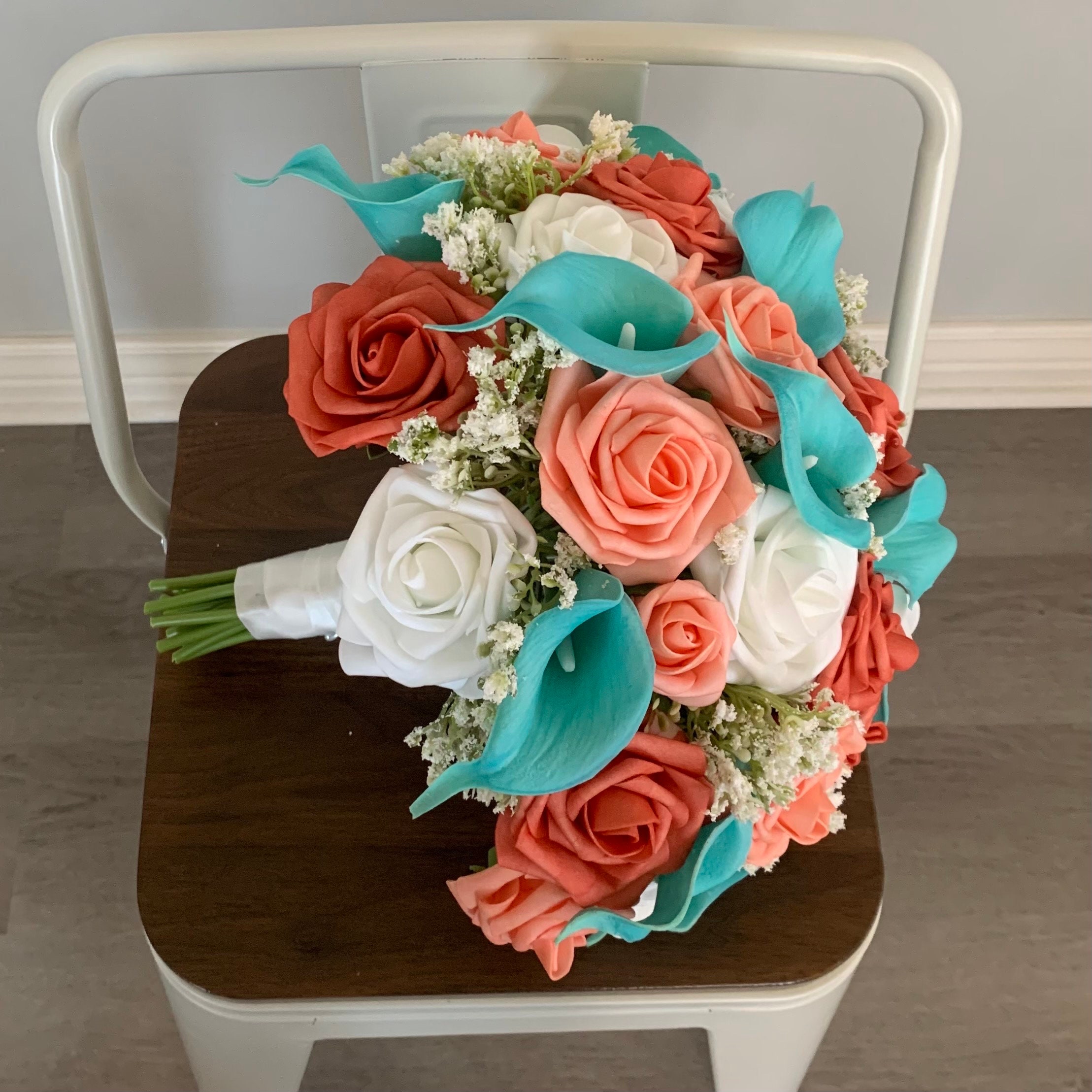 Aqua Turquoise Coral Light Teal Peach Pink Beach Wedding Bouquet Bridal ...