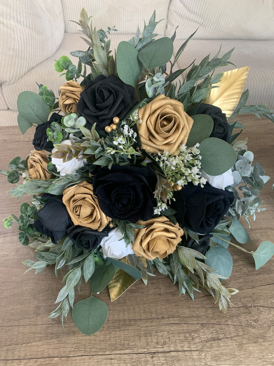 Black and Gold Eucalyptus Boho Artificial Bridal Bouquet Gold Wedding ...
