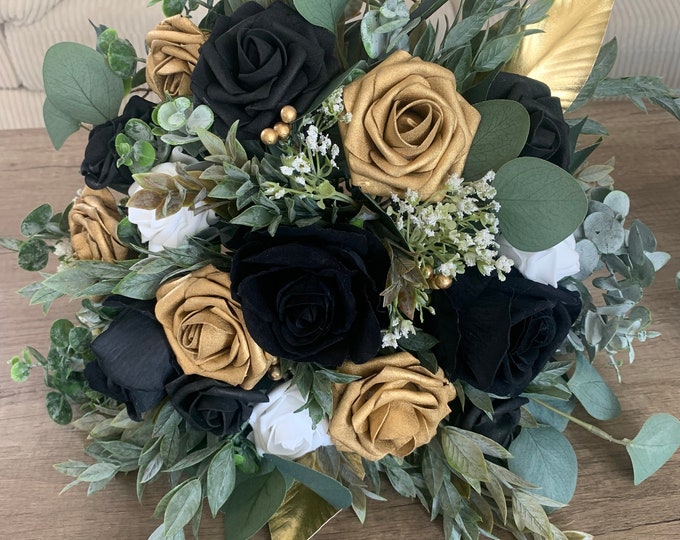 Black and Gold Eucalyptus Boho Artificial Bridal Bouquet Gold Wedding ...