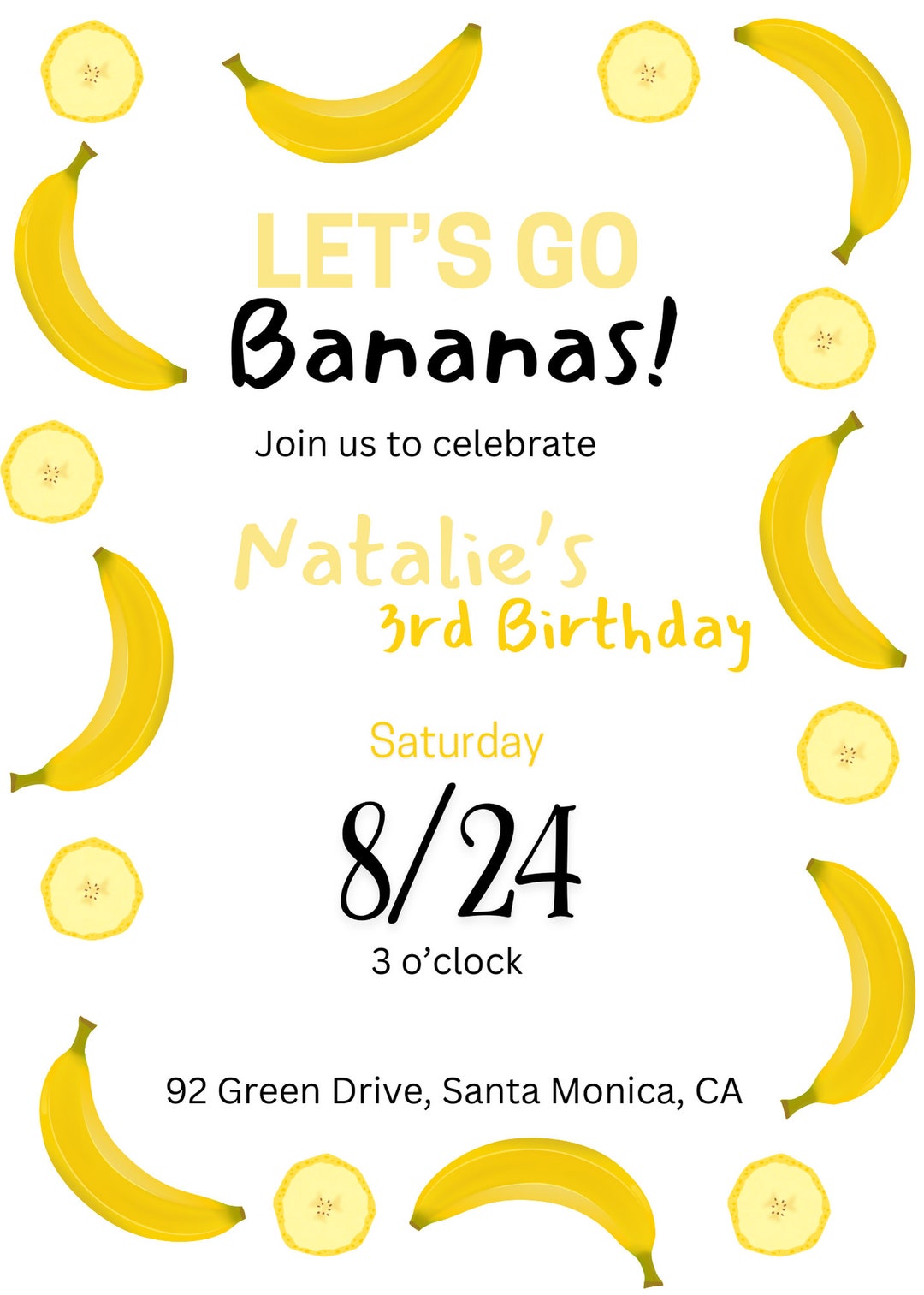 Lets Go Bananas Banana-themed Kids' Birthday Party Invitation Perfect ...