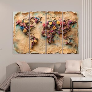Flowers World Map Girly Canvas Floral Vintage Wall Art Office Wall ...