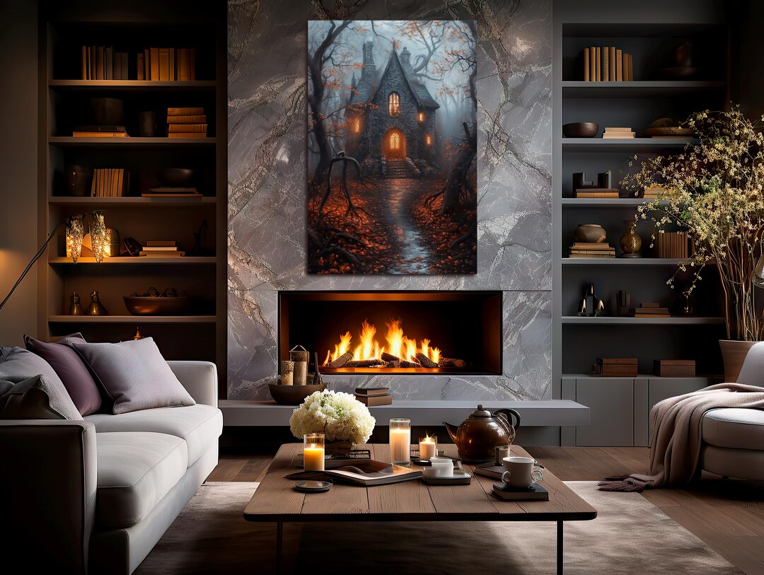 Spooky House Canvas Wall Art, Mystical Halloween Decor, Gothic Cottage ...