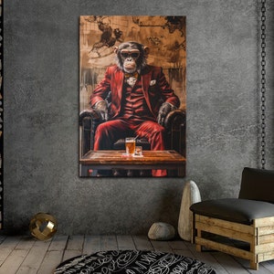Monkey in the Office Drinking Whiskey Canvas Wall Art Man Cave Wall ...