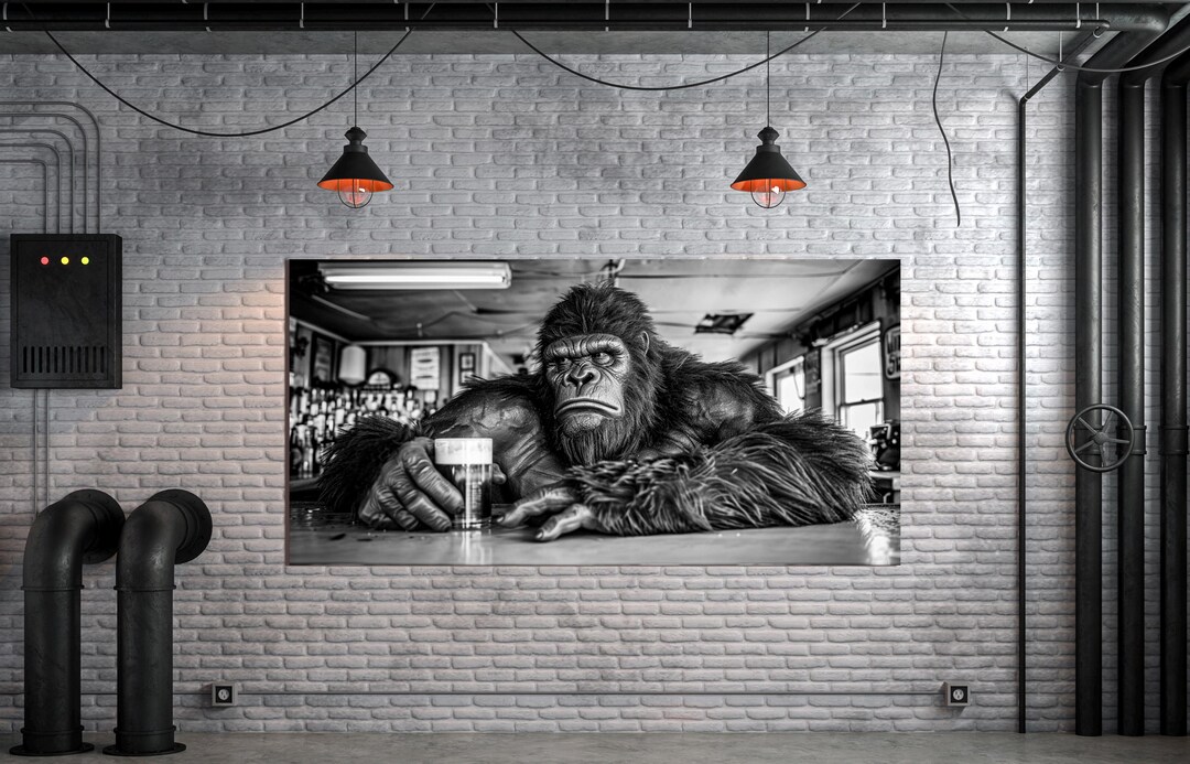 Gorilla in Bar Canvas Black White Monkey Drinking Whiskey Wall Art ...