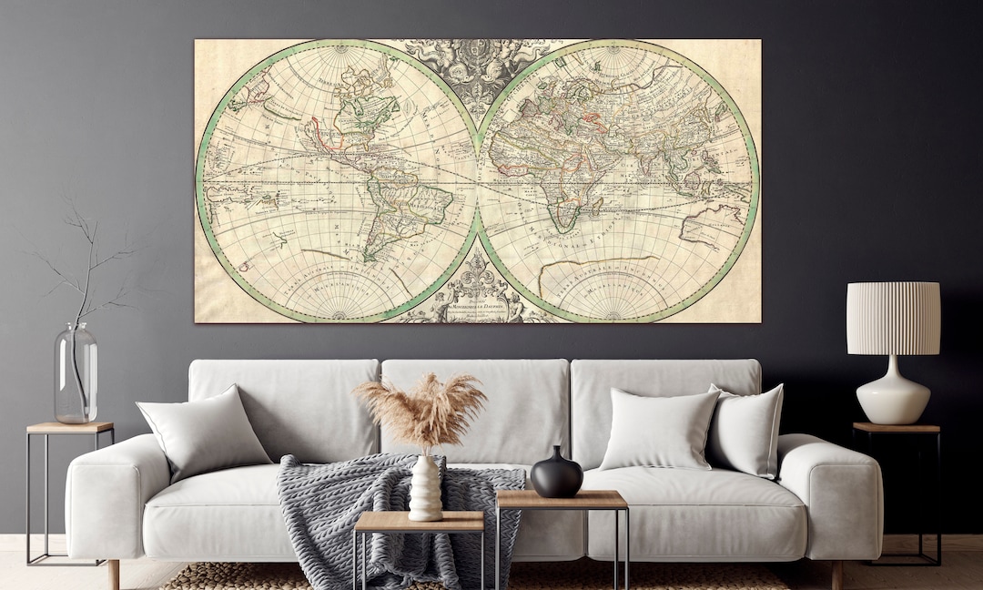 Large Vintage Wolrd Map Canvas Age of Discovery Map Wall Art Antique ...