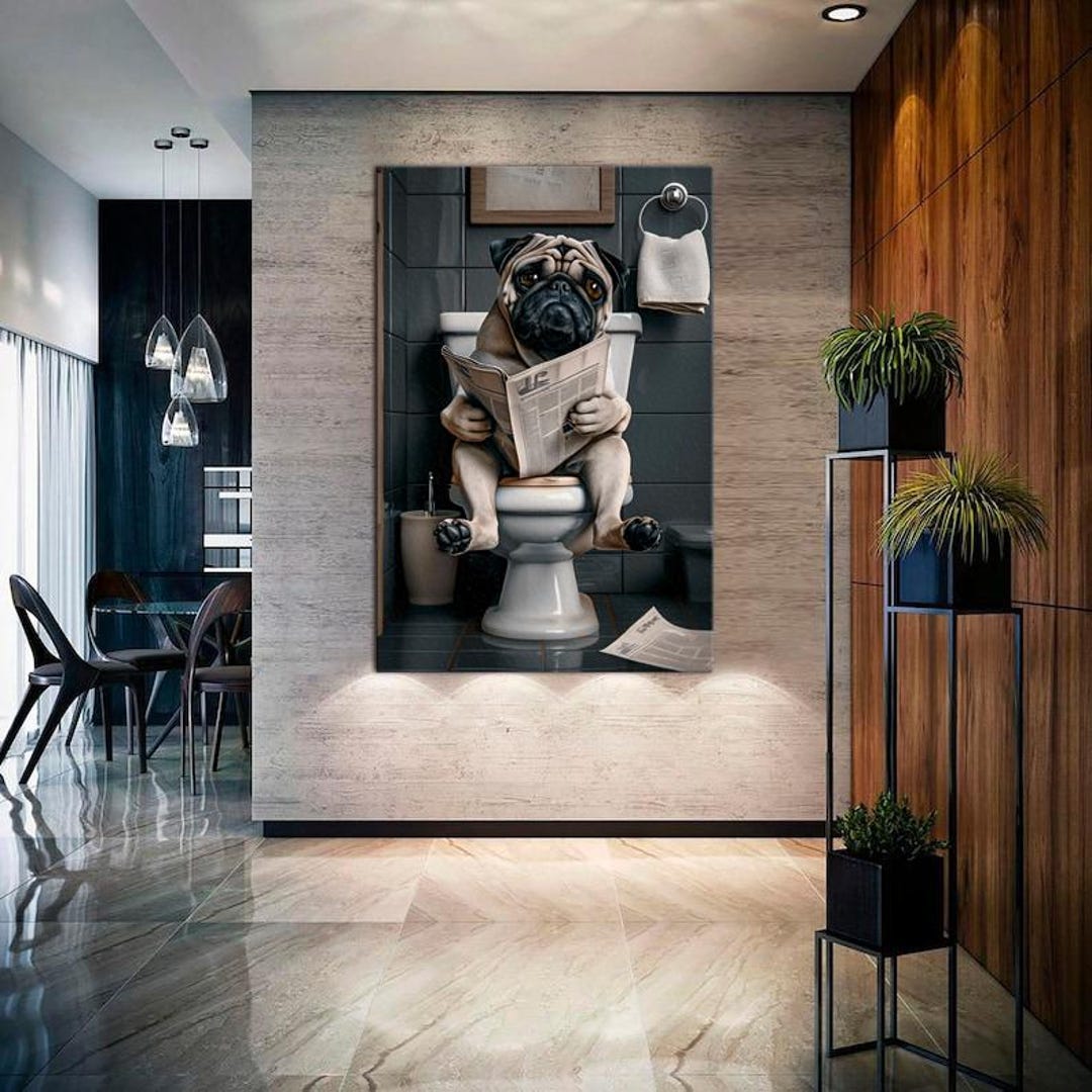 Pug on Toilet Reading Newspaper Canvas Wall Art Funny Bathroom Wall ...