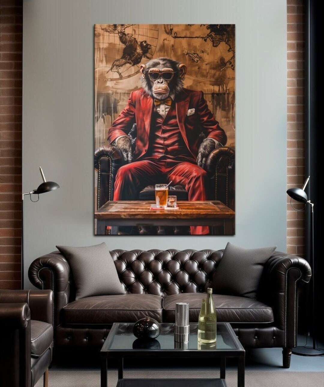 Monkey in the Office Drinking Whiskey Canvas Wall Art Man Cave Wall ...