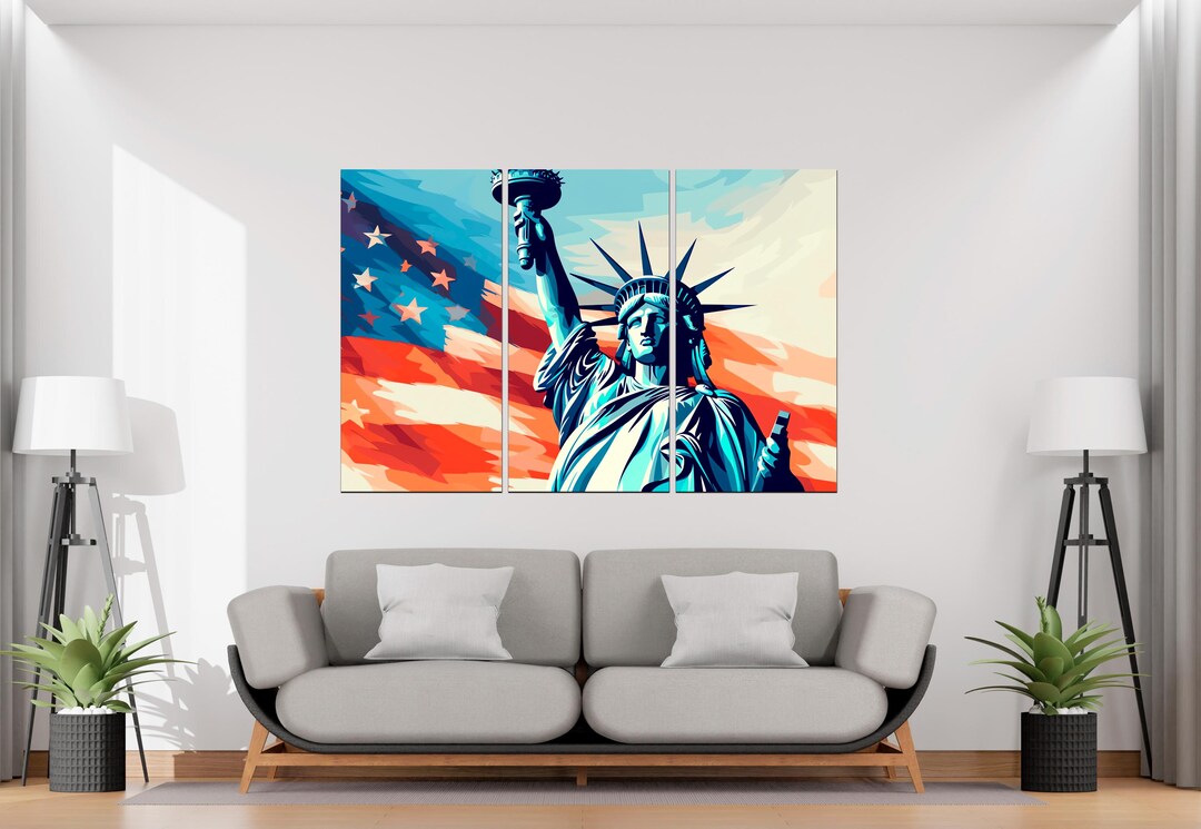 Statue of Liberty and Flag Patriotic USA Canvas Wall Art Office Man ...