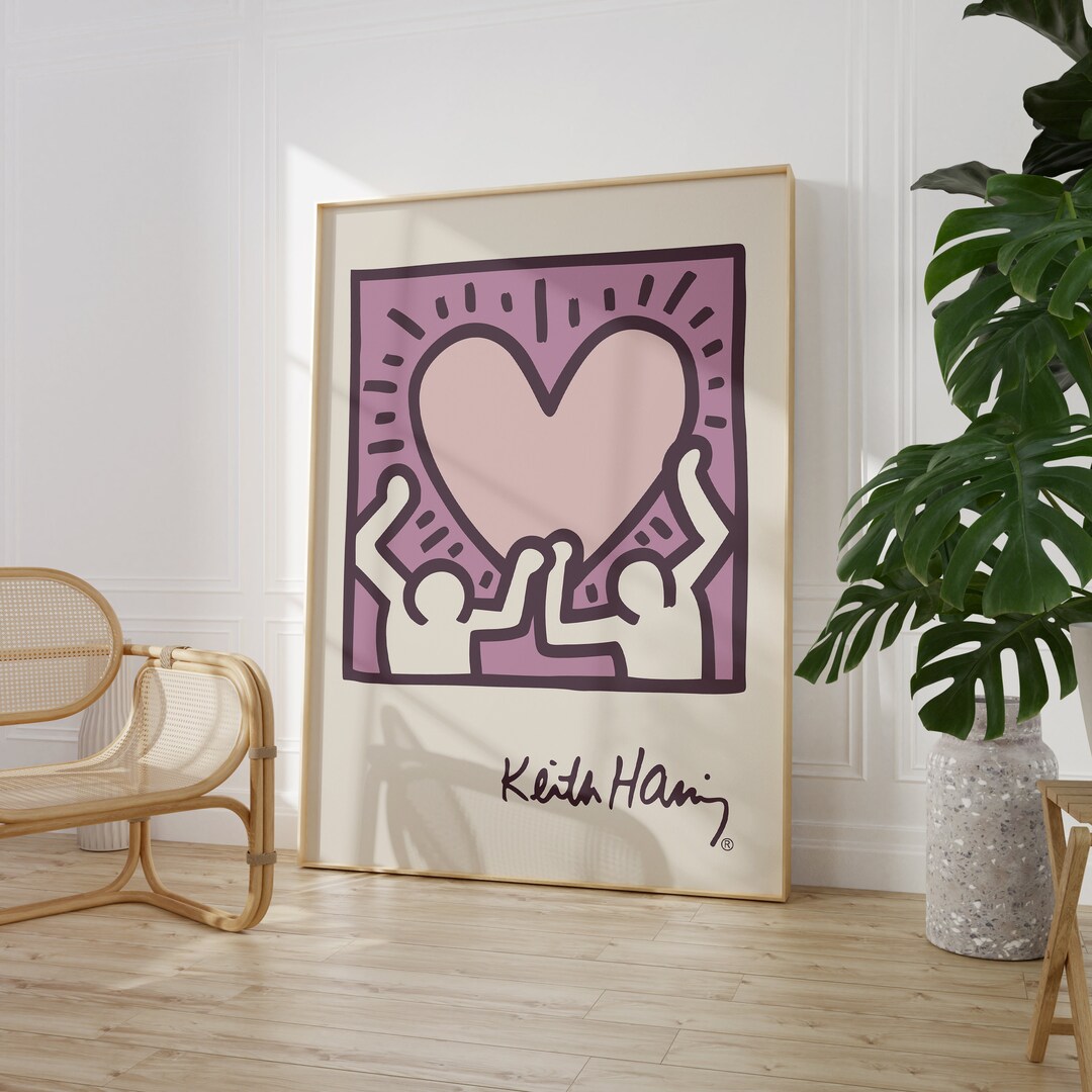 Keith Haring Heart Wall Art, Love and Unity, Pink Modern Art Print ...