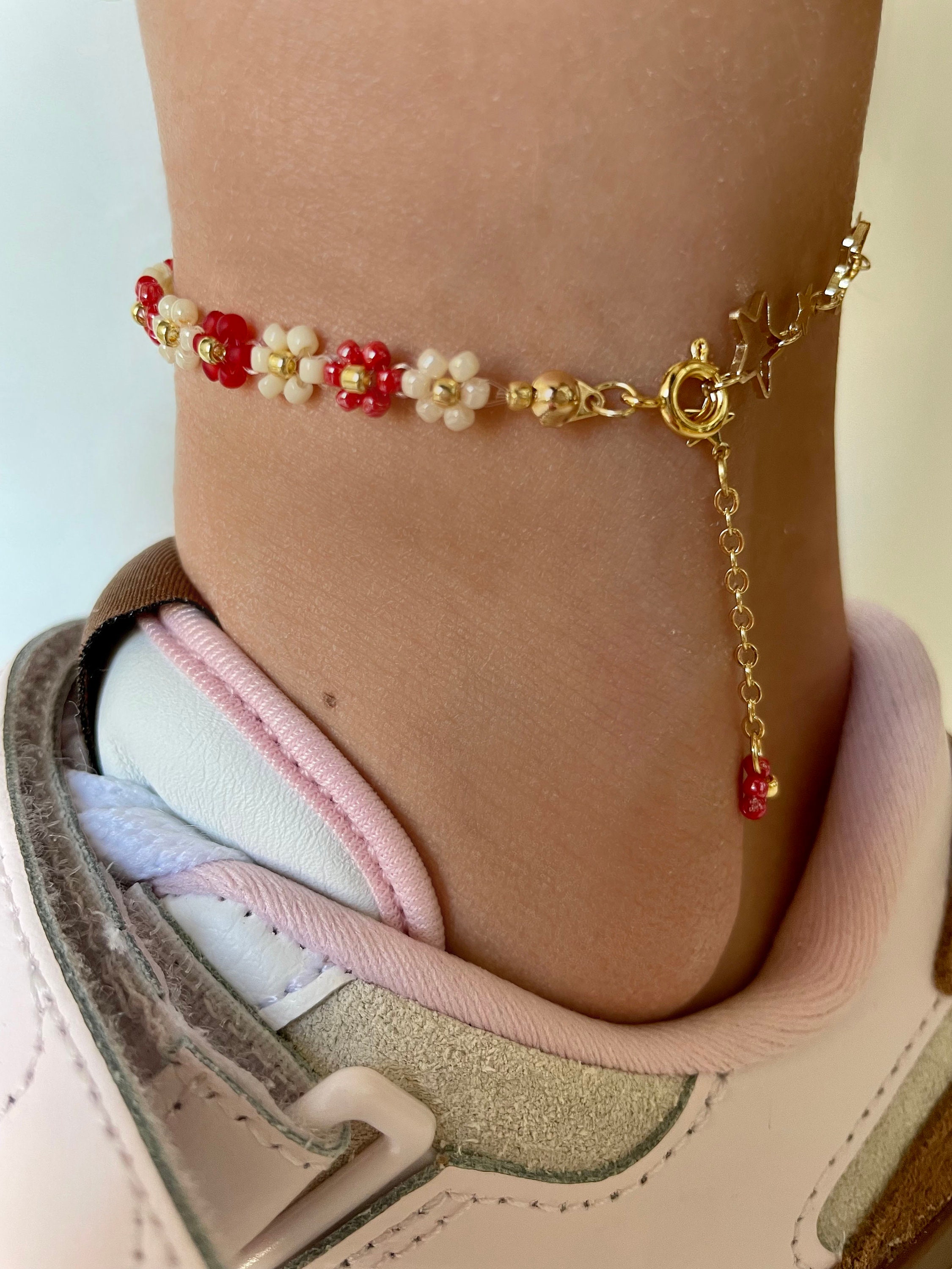 14K Gold Plated Anklet Beaded Jewelry Daisy Anklet Beaded Anklet Gold Plated Jewelry Flower ...