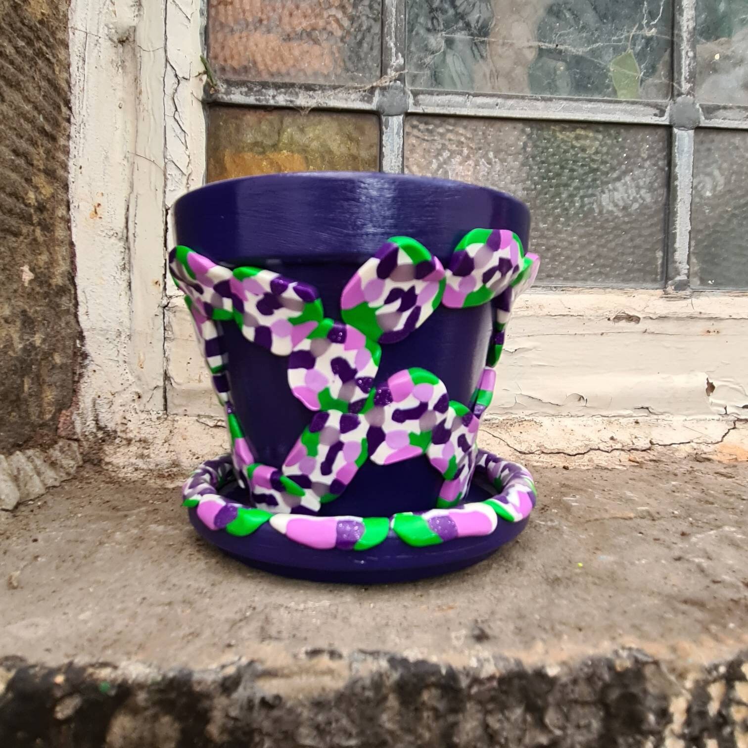 Unique One of a Kind Purple Hand Painted Plant Pot Planter and Saucer ...