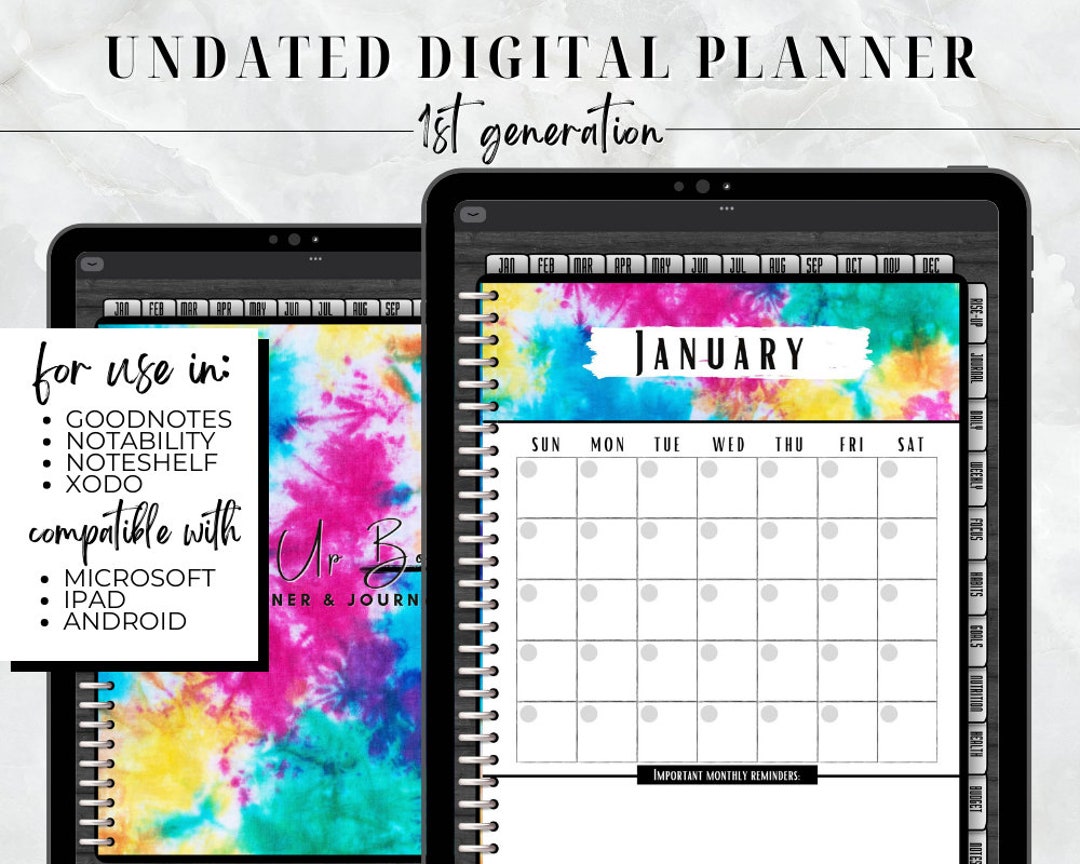 1st Gen Tye Dye UNDATED Digital Planner for Goodnotes, Notability ...