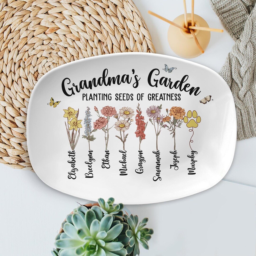 Personalized Grandma's Garden Platter, Custom Birth Month Flowers Plate ...