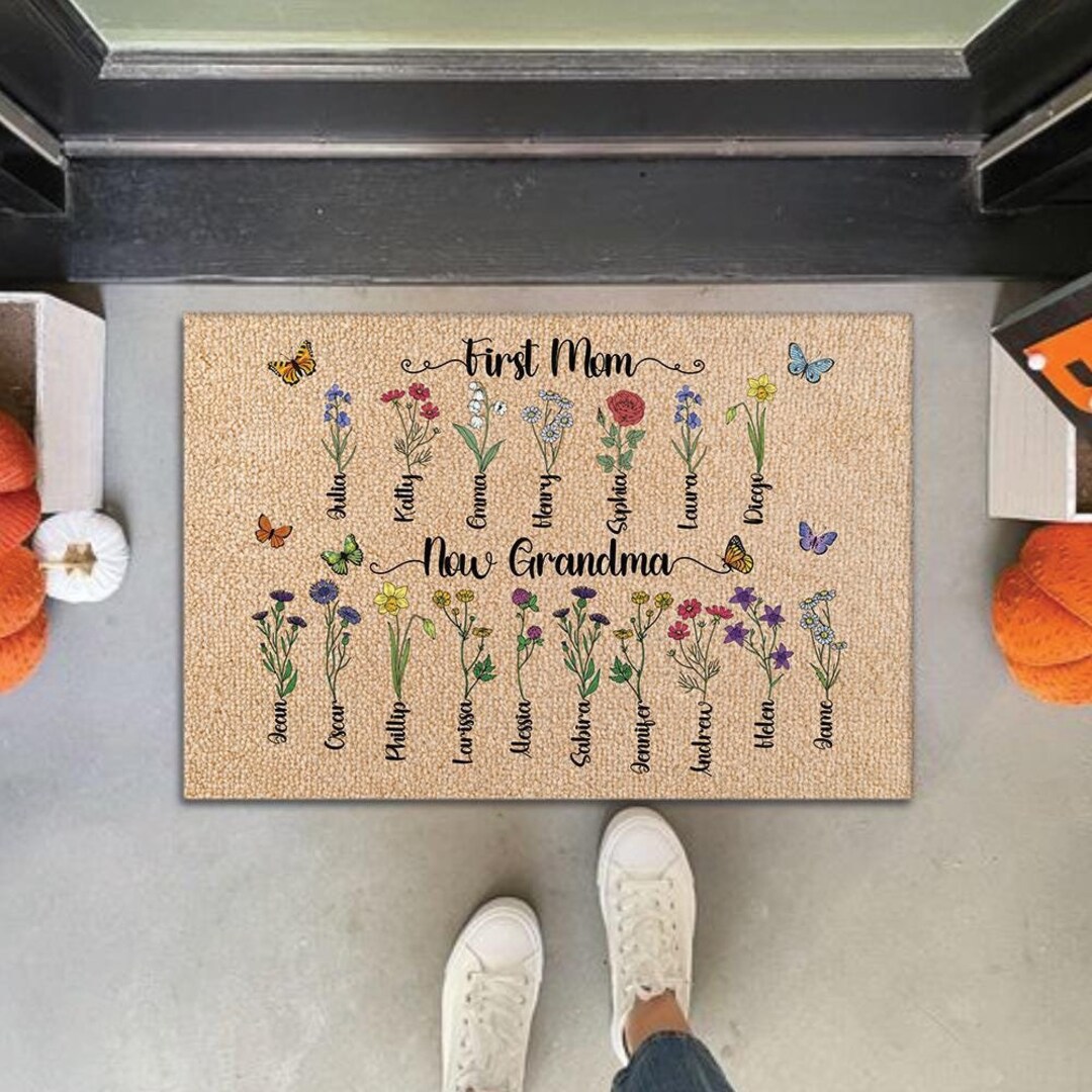 Custom Birth Month Flowers Grandma Doormat, First Mom Now Grandma Gift ...