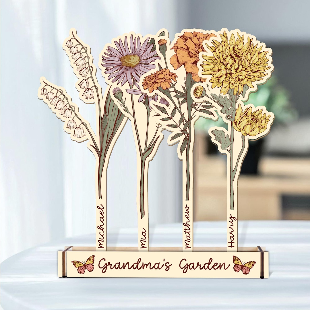 Wood Birth Flower Garden, Personalized Birth Month Flower, Grandmas ...