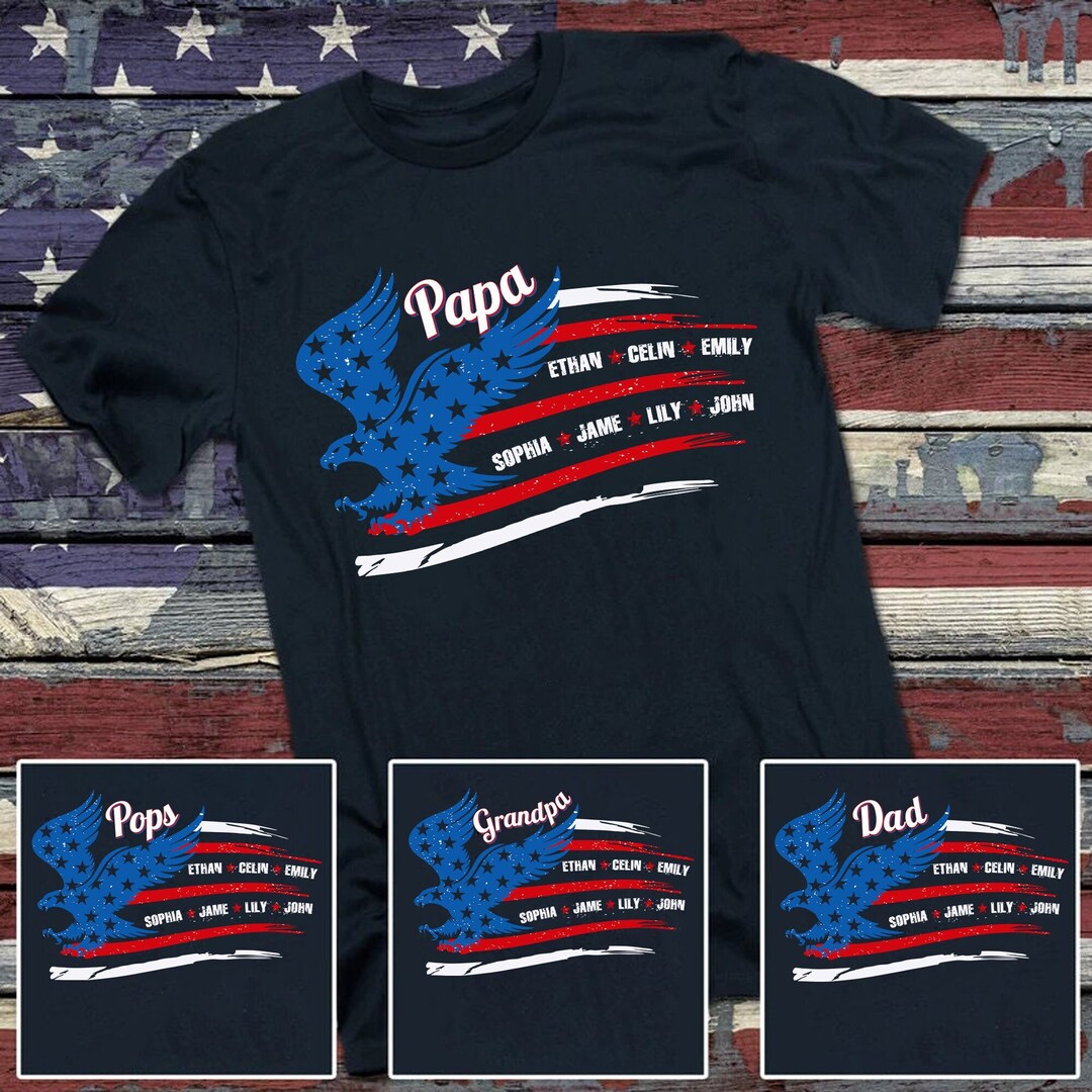 Personalized Papa American Flag Shirt, Eagle With Grandkids Name Hands ...