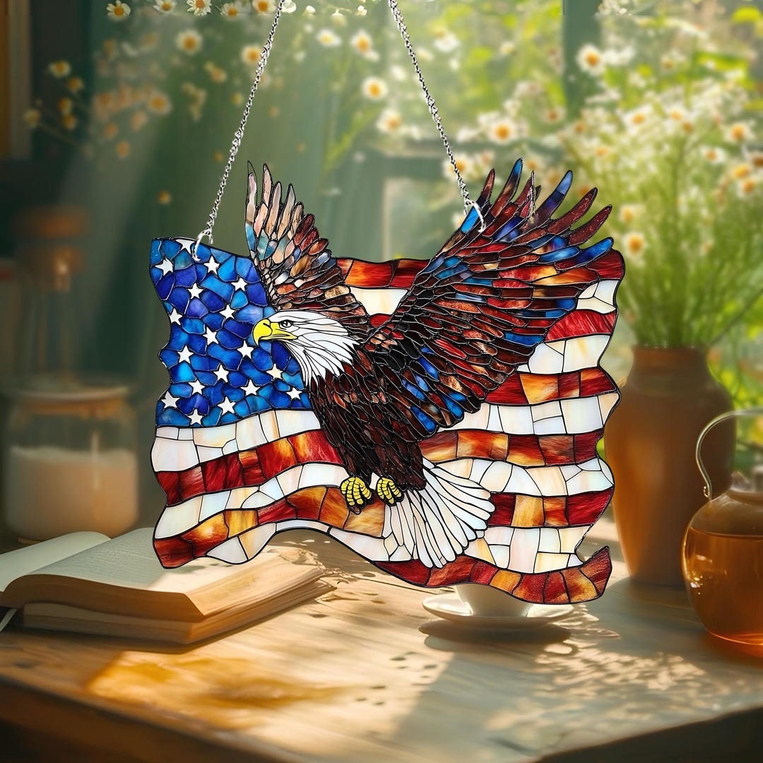 American Flag Eagle Suncatcher, 4th of July Gift, Patriotic Bald Eagles Acrylic Window Hanging ...
