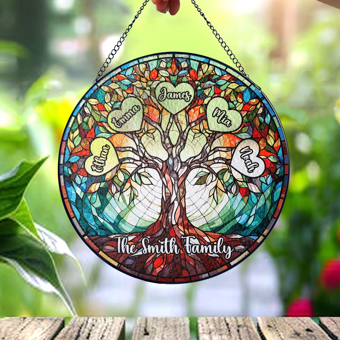 Personalized Family Stained Glass Suncatcher, Custom Tree of Life ...
