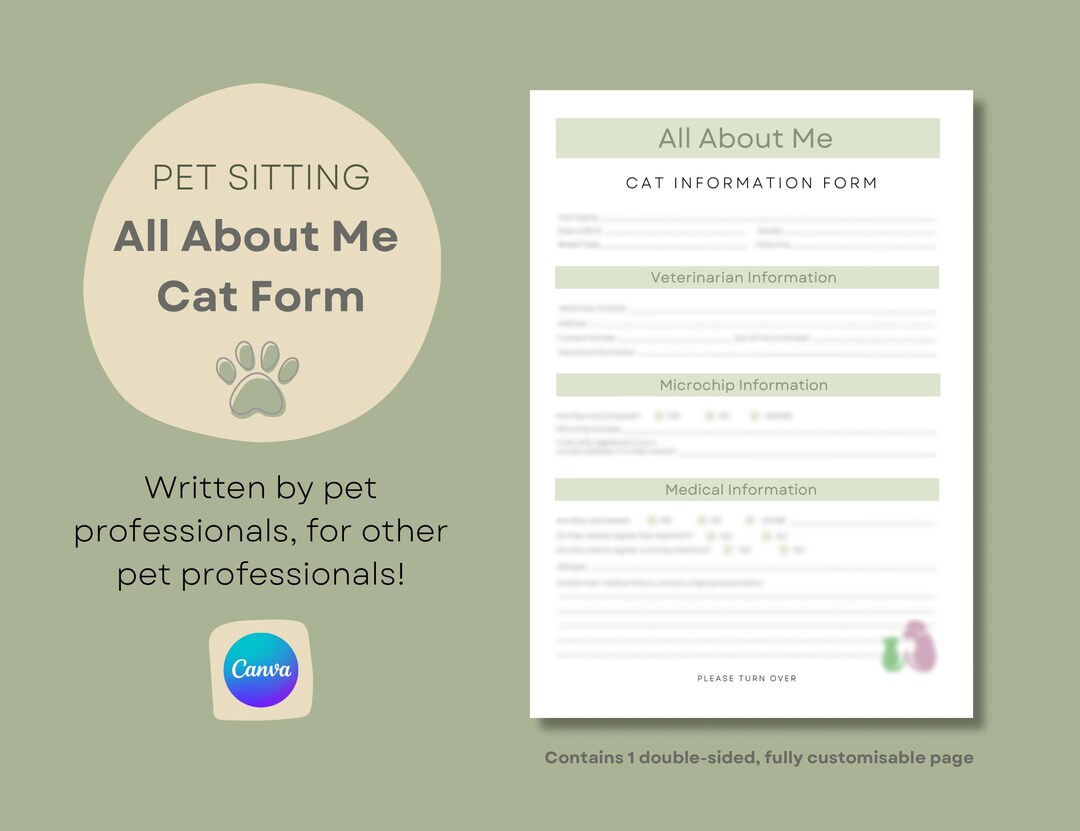 Cat Information Form - All About Me | Pet Sitting Form | Pet Pop-in ...