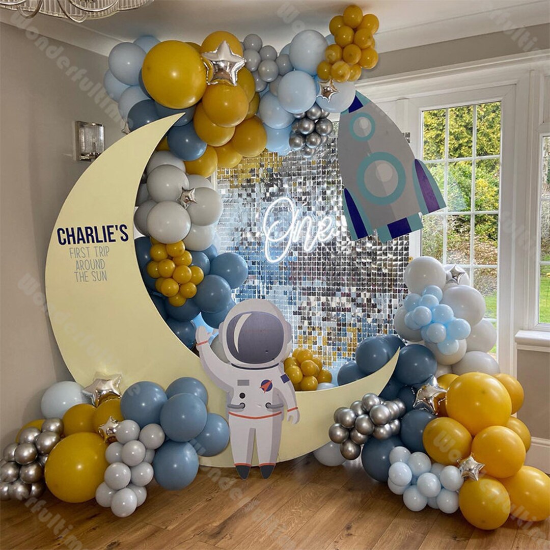 196 Galaxy Party Balloon Arch Macaron Blue Yellow First Trip Around the ...