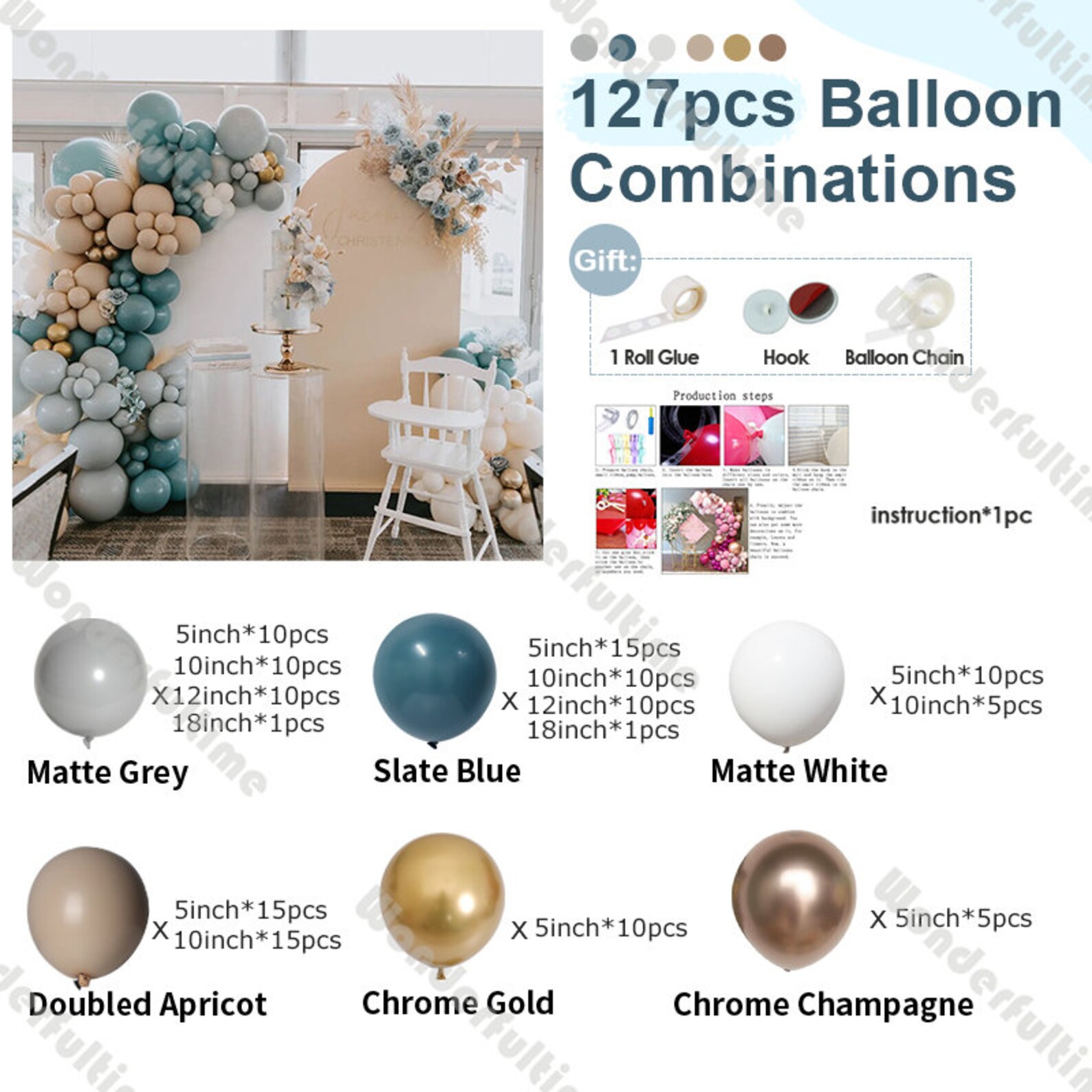 127pcs Ocean Blue Matte Gray Balloons Arch DIY White Gold Balloons ...