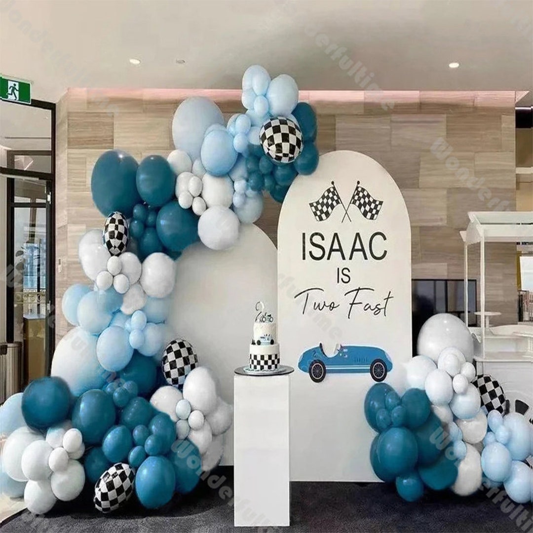 128pcs Birthday Car Themed Balloon Arch White Blue Checkered Balloons ...