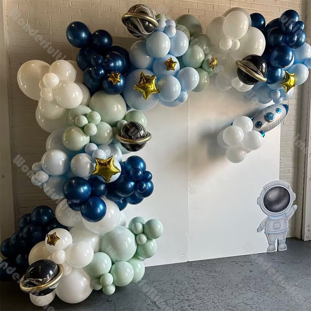 156pcs Space Theme Balloons Arch Blue Gold Star Ballon 4D Standing ...