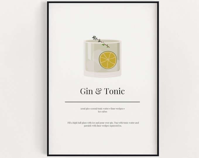 Gin and Tonic Cocktail Print Art With Classic Cocktail Recipe. Drinks ...