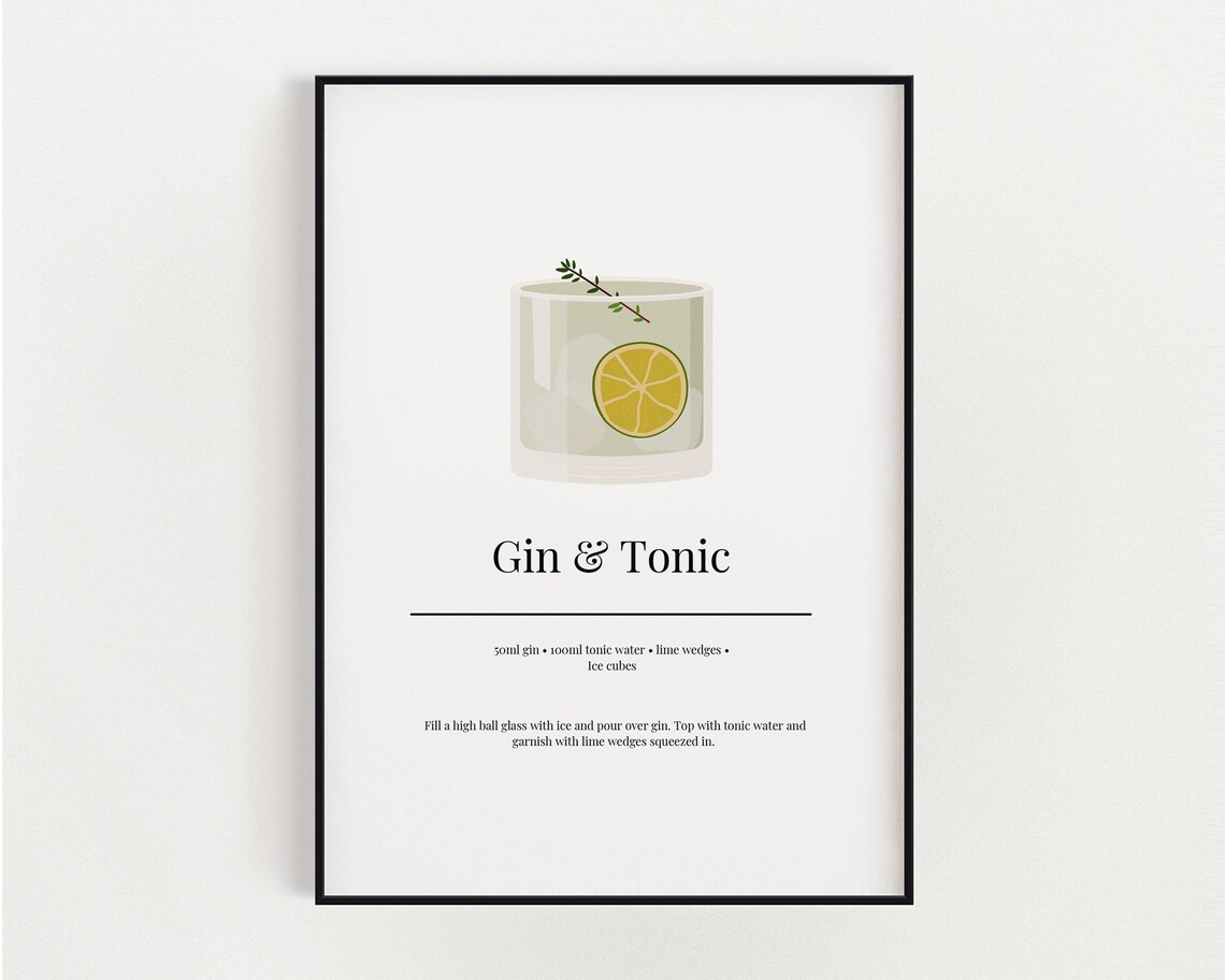 GIN AND TONIC Cocktail Printable Wall Art | Kitchen Wall Art | Cocktail ...