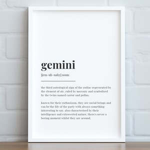 GEMINI DEFINITION PRINT, Wall Art Print, Gemini Gifts, Zodiac Gift ...
