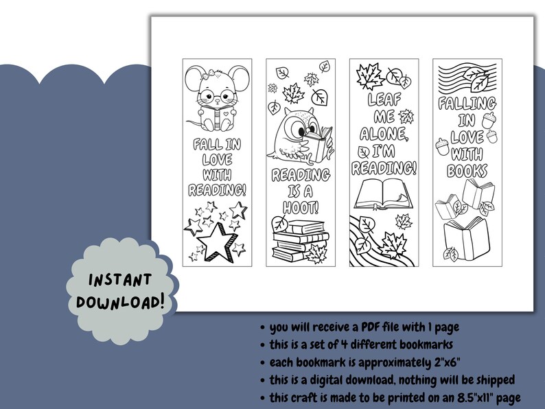 Printable Bookmarks Fall Reading Coloring Bookmarks, Black & White ...