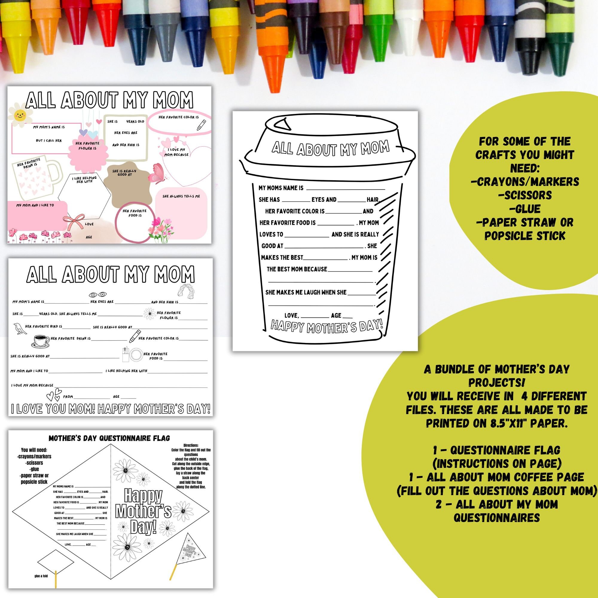 Mother's Day Printable Project Bundle Questionnaire Easy Craft Instant ...