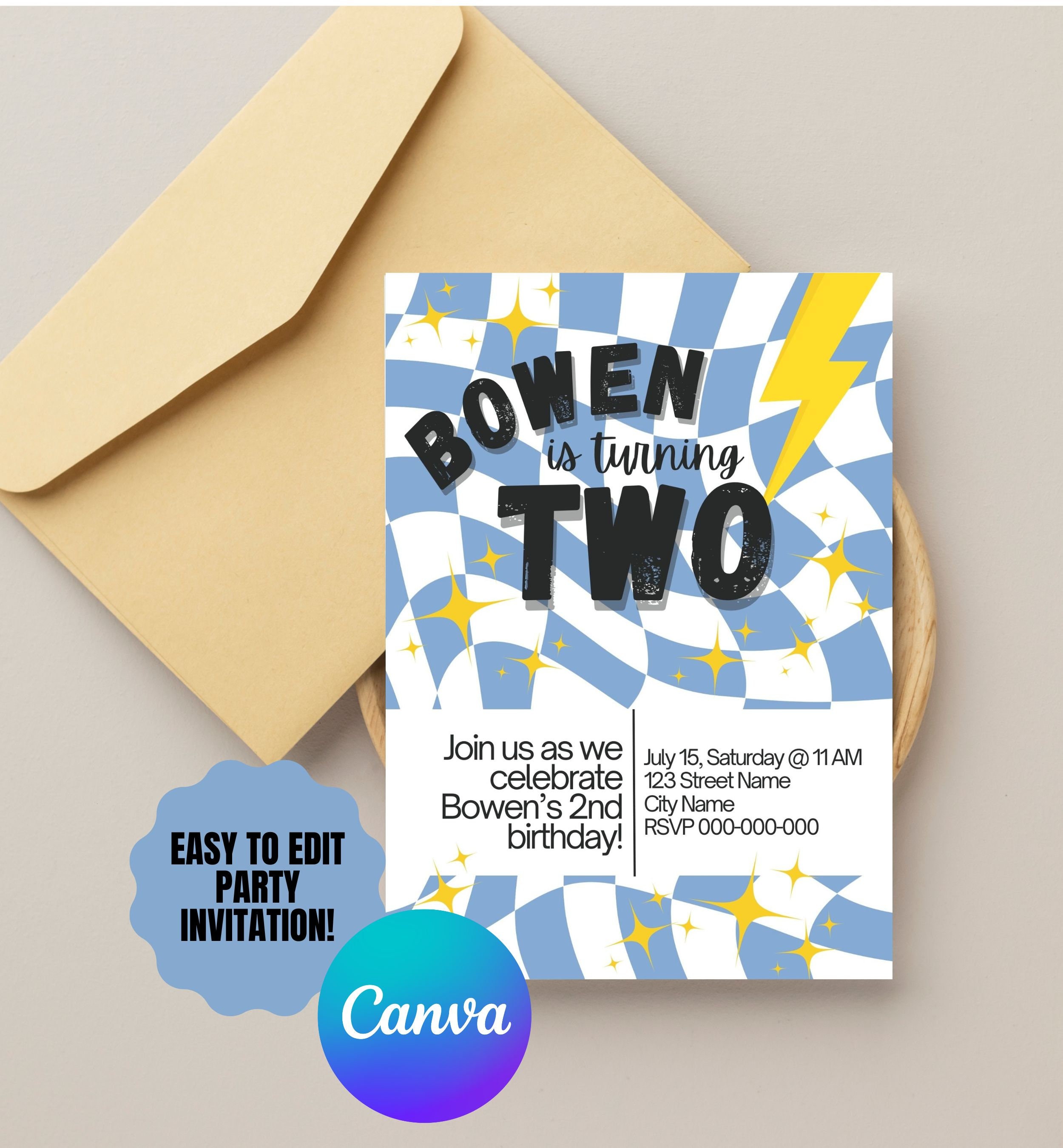 Boy's Checkered Birthday Party Invitation Template, Lightning Bolt and ...
