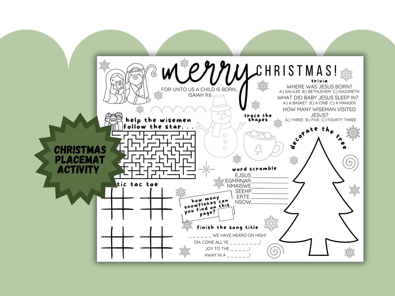 Christmas Activity Placemat, Christmas Coloring Placemat, Printable ...