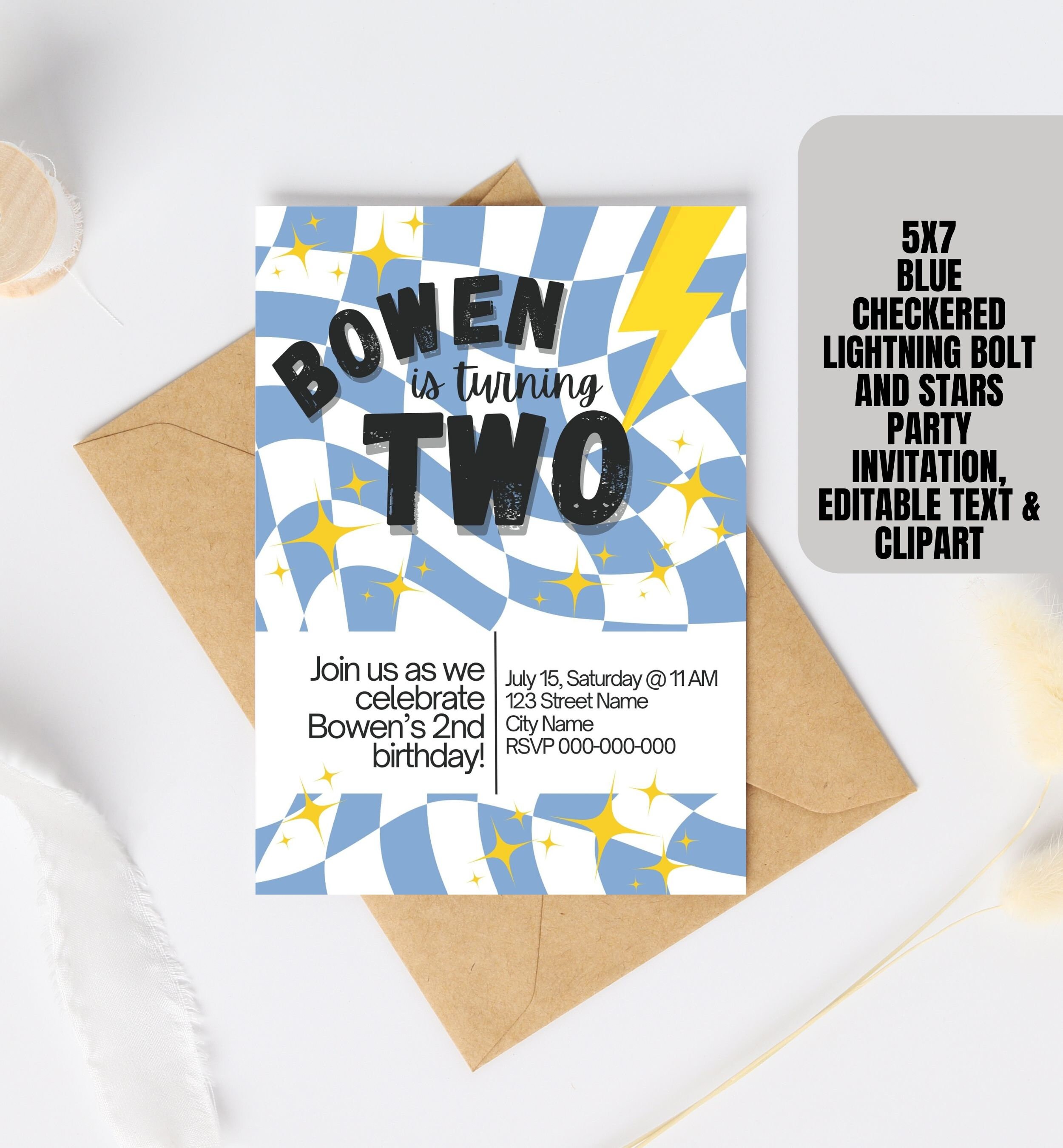 Boy's Checkered Birthday Party Invitation, Lightning Bolt and Stars ...