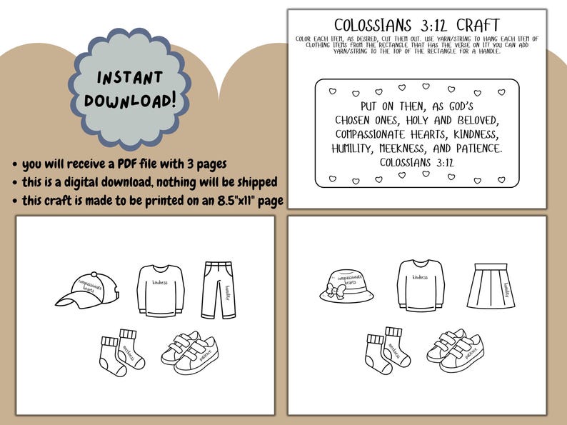 Colossians 3:12 Printable Craft for Kids, Put on Then Compassionate ...