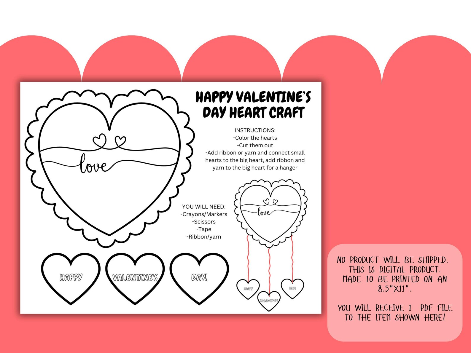 Valentine's Day Printable Heart Craft, Happy Valentine's Day Craft ...