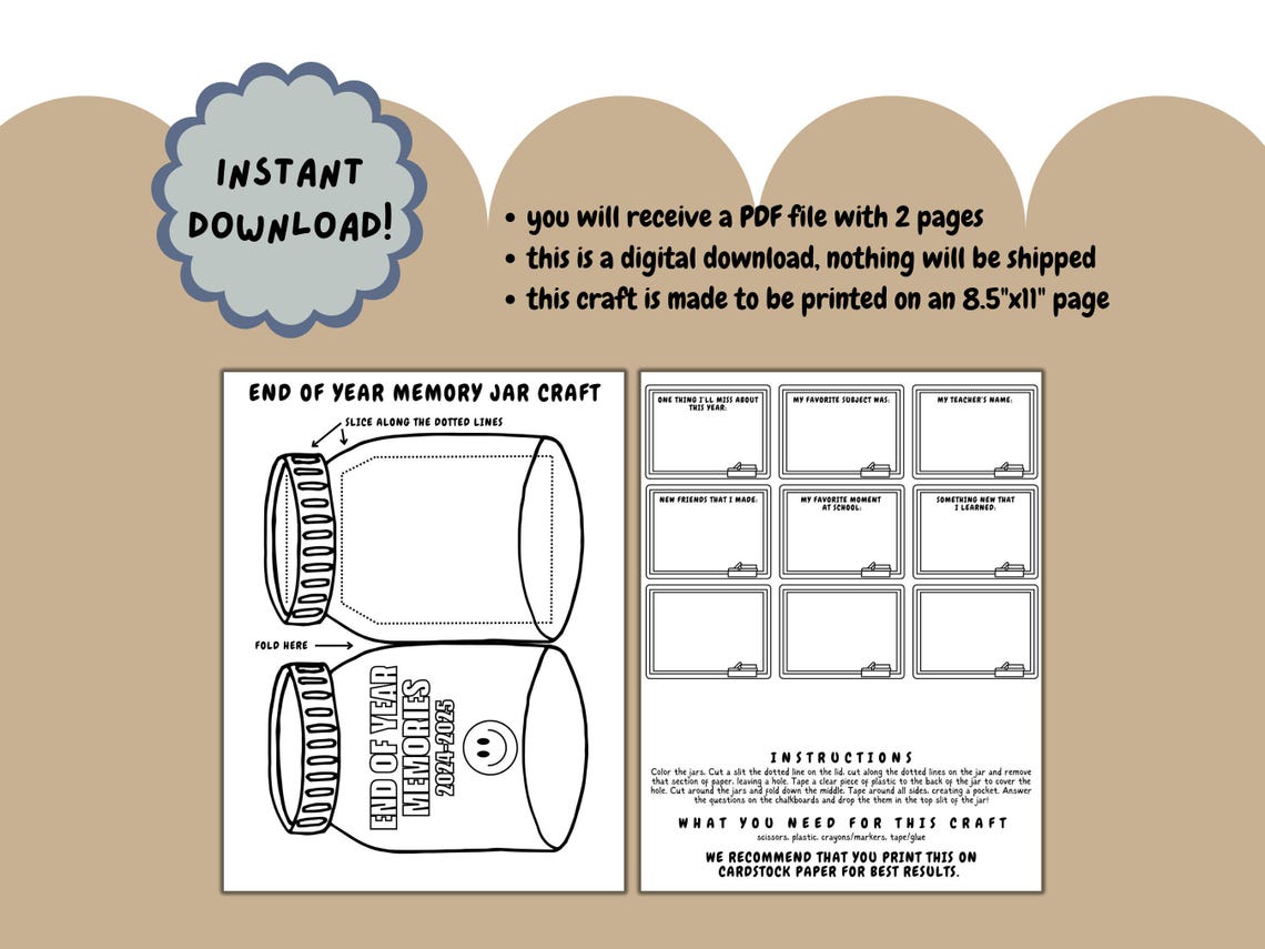 End of School Year Memory Jar, Printable Kid's Craft Activity ...