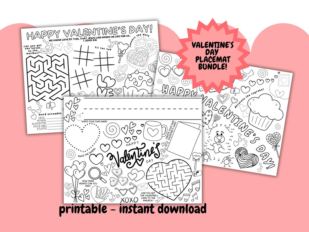 Valentine's Day Activity Placemat Bundle, Printable Coloring Placemat ...
