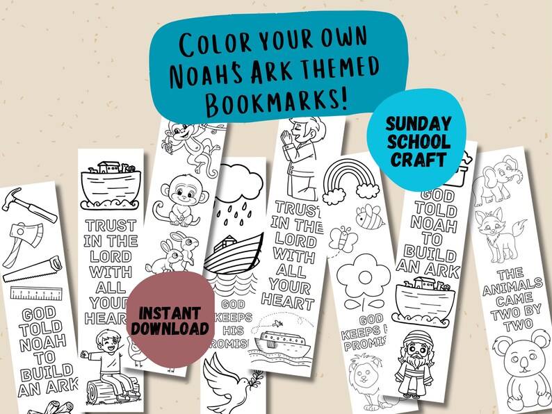 Noah's Ark Coloring Bookmarks, Sunday School Noah's Ark Theme, Kids ...