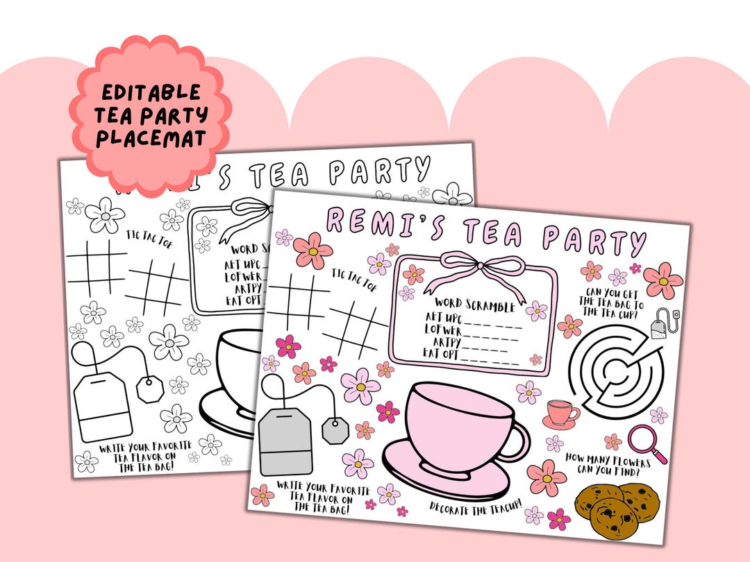 Editable Tea Party Activity Placemat, Tea Themed Party Table Decor, Tea ...