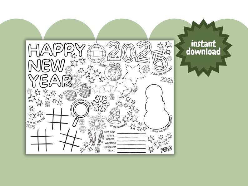 Printable New Year's Placemat, New Year's Coloring Mat, Instant ...