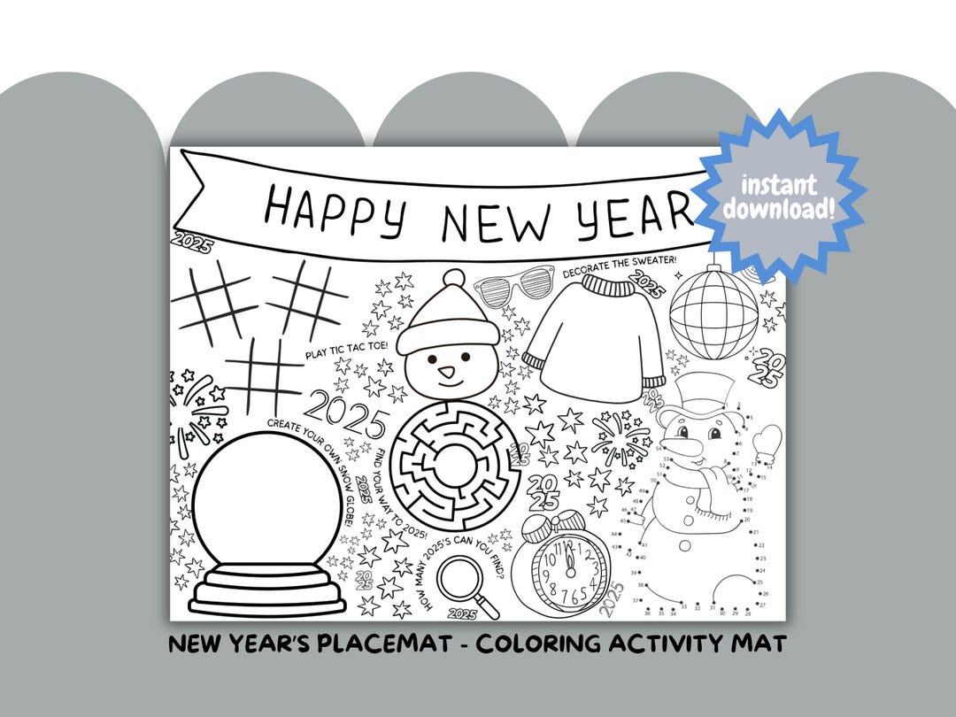 Printable New Year's Placemat, New Year's Coloring Mat, Instant ...