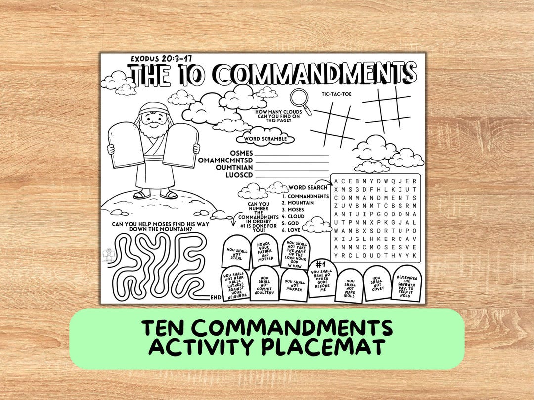 Ten Commandments Activity Placemat for Kids | Moses Bible Coloring Page ...