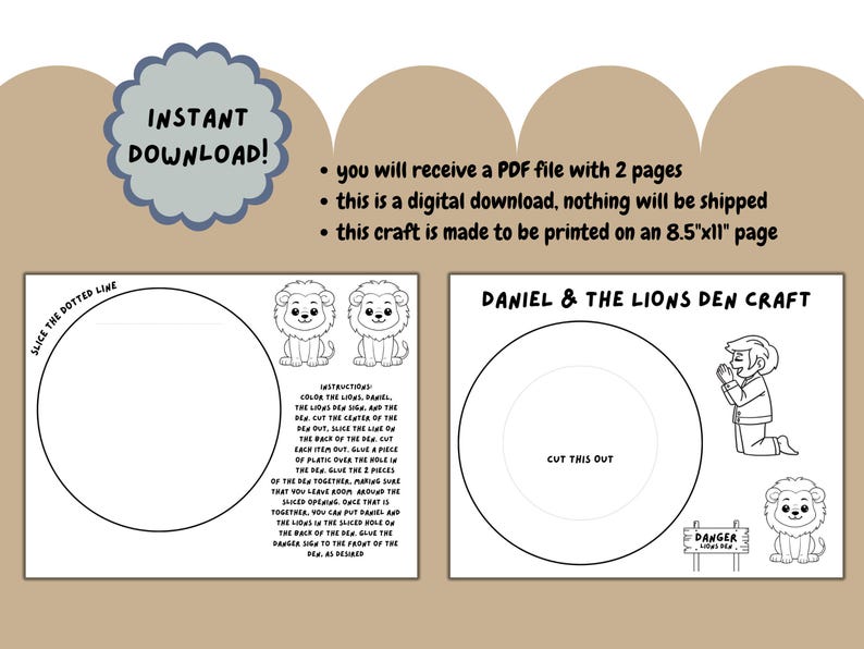 Daniel and the Lions Den Printable Kid's Craft, Bible Story Activity ...