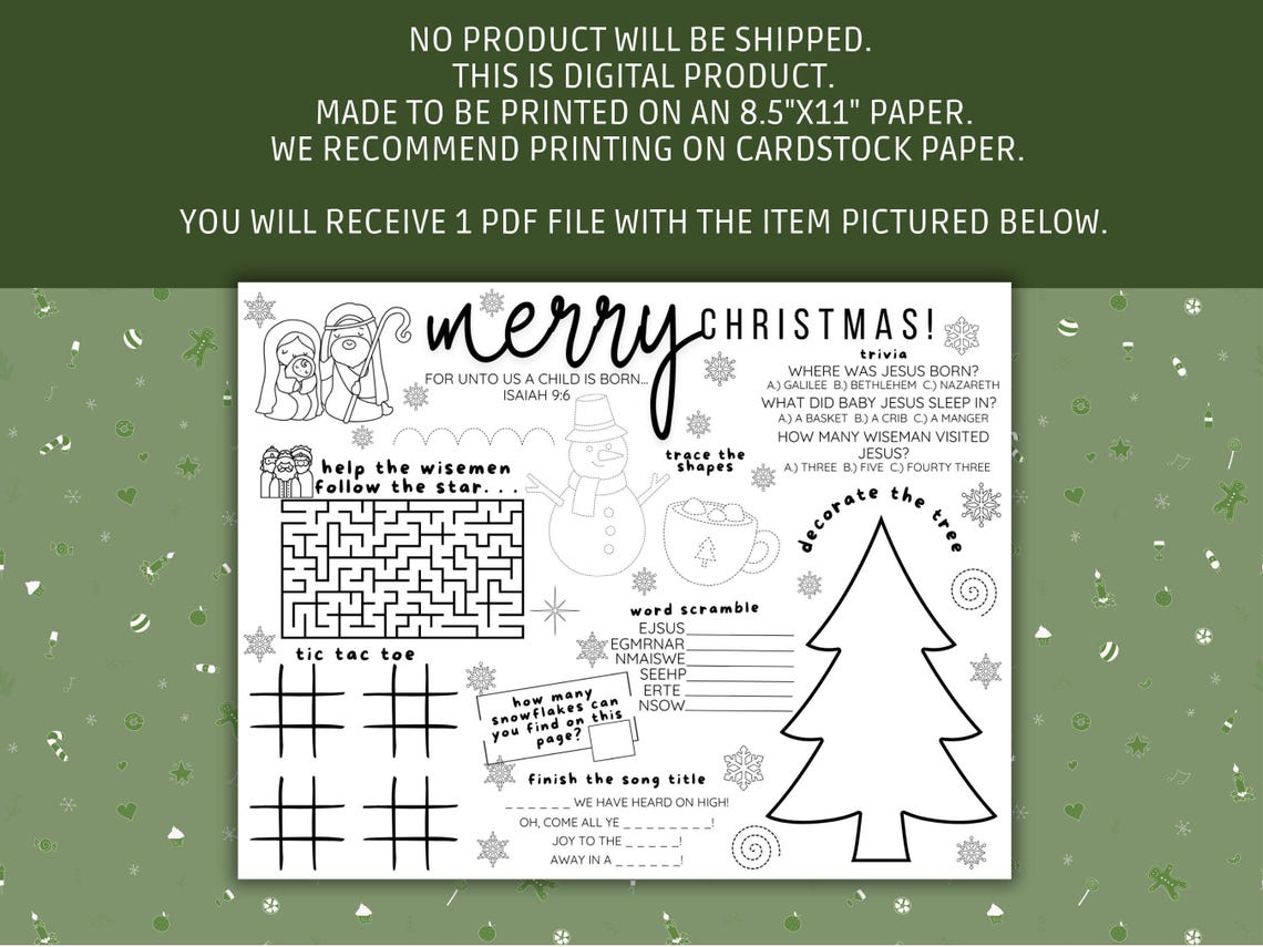 Christmas Activity Placemat, Christmas Coloring Placemat, Printable ...