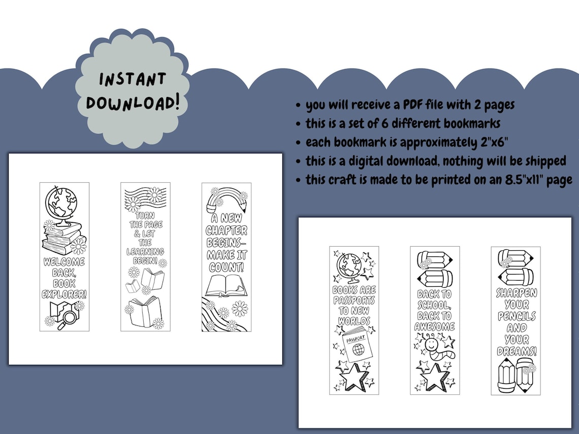 Printable Bookmarks Back to School, Coloring Bookmarks, Black & White ...